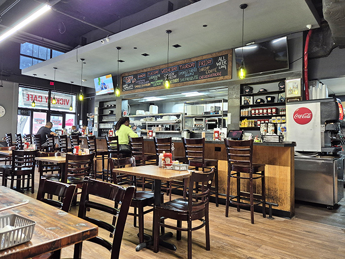 Simple wooden tables, practical chairs, and zero pretension&mdash;just the right setting for food that doesn't need fancy surroundings to shine.