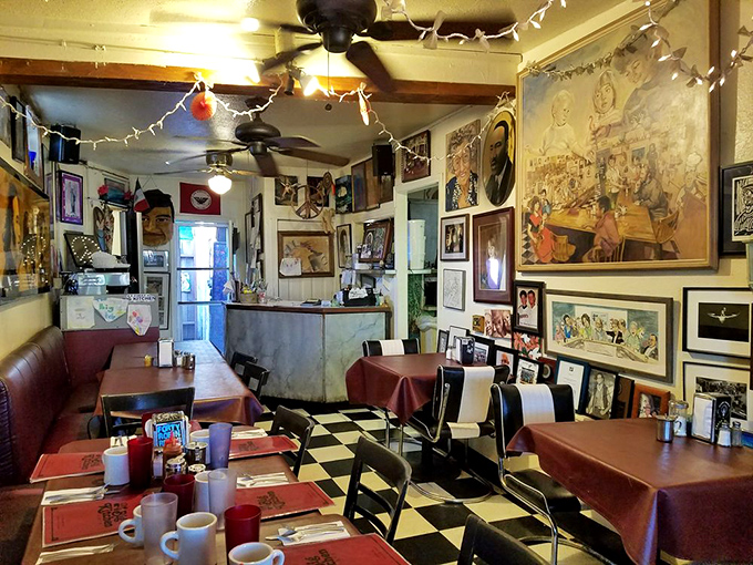 Every surface tells a story in this dining room. The ceiling fans aren't just moving air &ndash; they're circulating decades of conversations and coffee aromas.