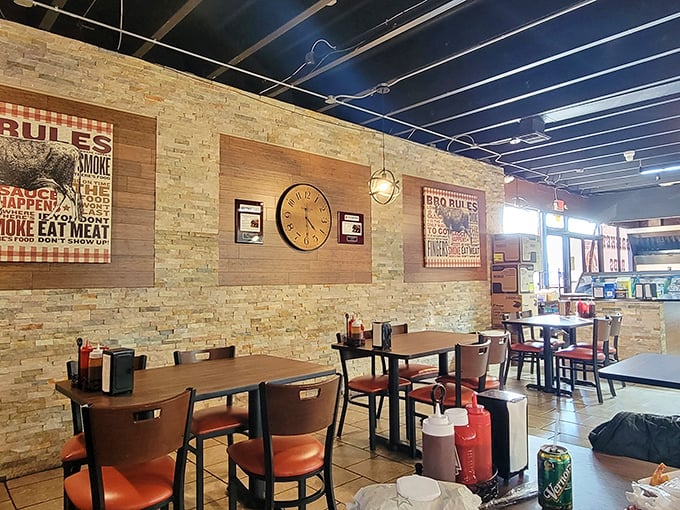 Brick walls, wooden accents, and BBQ wisdom on the walls&mdash;the dining room at A.B.'s feels like the living room of that friend who always feeds you too well.