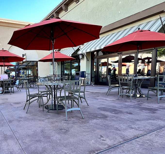 Outdoor dining areas with cheerful red umbrellas offer respite for weary shoppers&mdash;because bargain hunting burns more calories than you'd think.