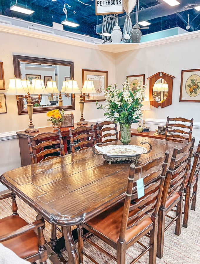 Farmhouse chic at its finest! This substantial wooden dining set has witnessed countless family meals and is ready for your holiday gatherings.