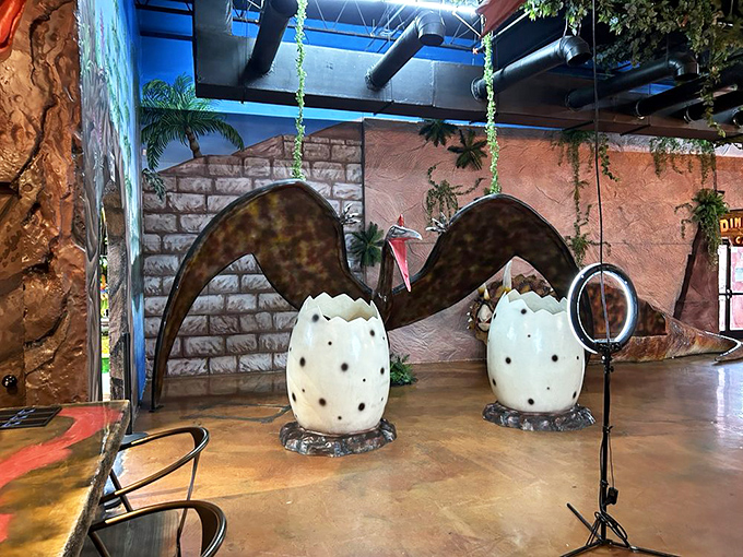 The hatching dinosaur eggs aren't just decor &ndash; they're conversation starters that distract you just long enough for someone to steal your fries.