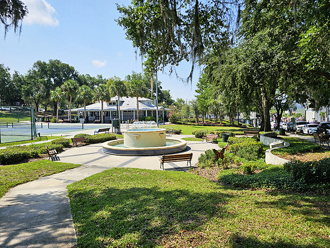 Donnelly Park's manicured gardens and fountain offer a peaceful retreat in the heart of town. The perfect spot to rest shopping-weary feet.