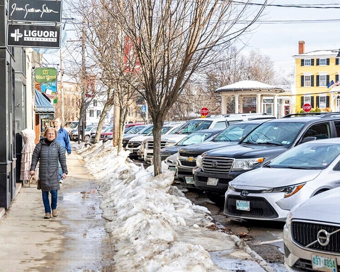 Winter in downtown Exeter means navigating snowy sidewalks past parked cars, a small price to pay for the postcard-perfect New England experience.