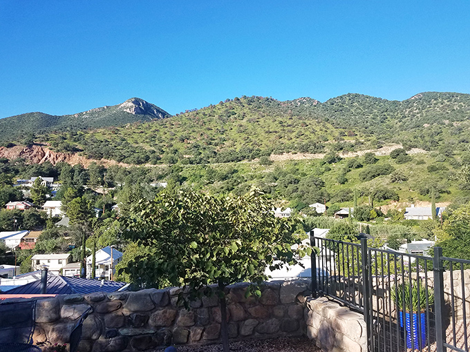 From Dragonview Mountain Retreat, Bisbee spreads below like a colorful quilt draped over the landscape. The perfect vantage point to appreciate this town's improbable existence. 