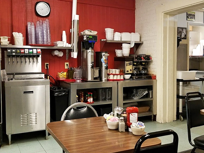 The drink station corner—where coffee is always fresh and refills appear before your cup hits the halfway mark.