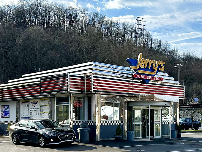 Car interiors become dining rooms at Jerry's, where the best table in the house has bucket seats and your choice of radio station.
