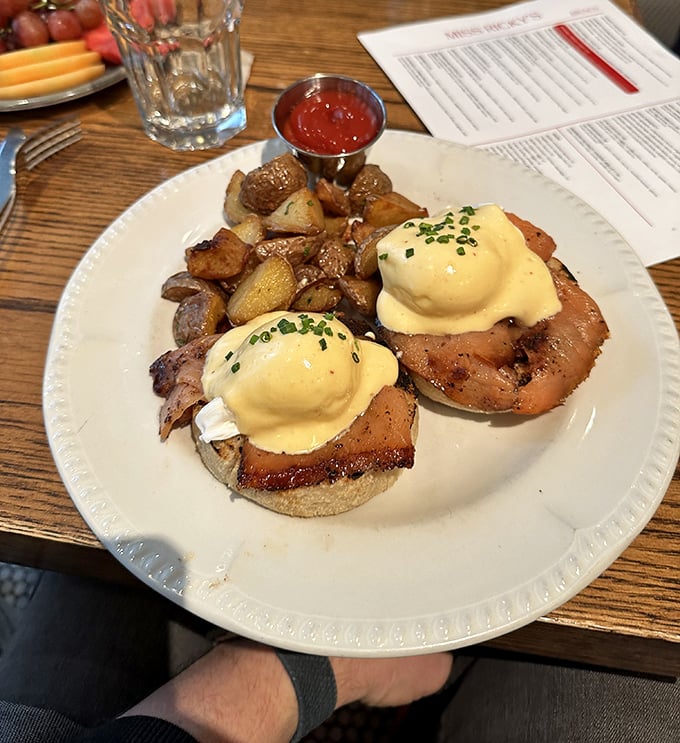 Eggs Benedict that would make a brunch snob weep with joy. Those potatoes on the side? The unsung heroes of this plate.