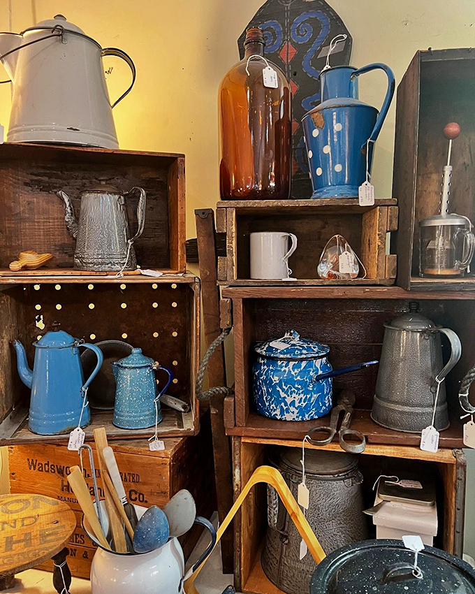 Blue enamelware that survived decades of campfires and Sunday suppers, arranged like a still life painting of American resilience.