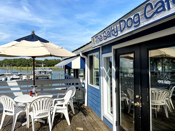 The entrance promises coastal charm with a side of harbor views &ndash; like stepping into a postcard that serves incredible seafood.