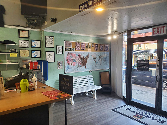 The welcome mat of Mt. Airy &ndash; a bench for contemplating life's big questions, like "Should I order pie after my burger?"