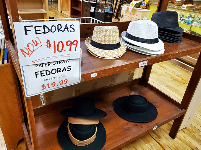 A display of fedoras offers visitors the chance to leave with both a full stomach and a touch of Pennsylvania Dutch style.
