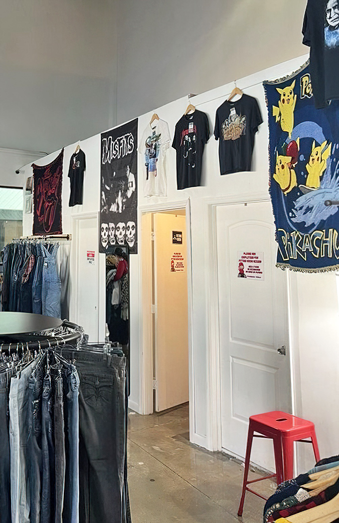 Wall art meets wearable art &ndash; vintage band tees and pop culture tapestries transform this corner into a museum of cool you can actually afford.
