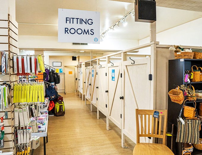 The fitting room area offers privacy and good lighting&mdash;two essentials when deciding if that designer jacket really was meant for your second act.