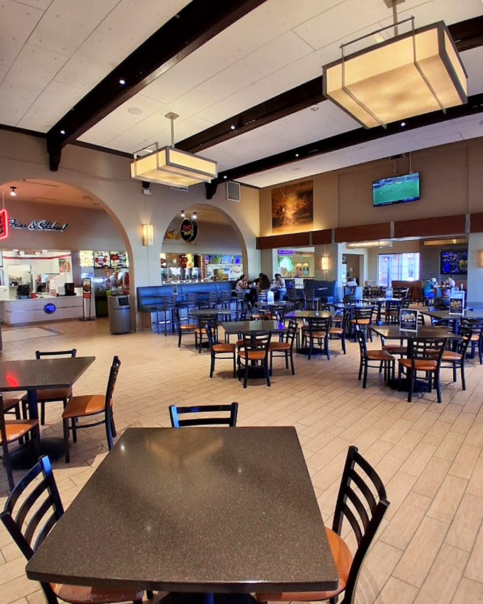 The spacious food court features comfortable seating and enough dining options to satisfy post-shopping hunger without leaving the premises.