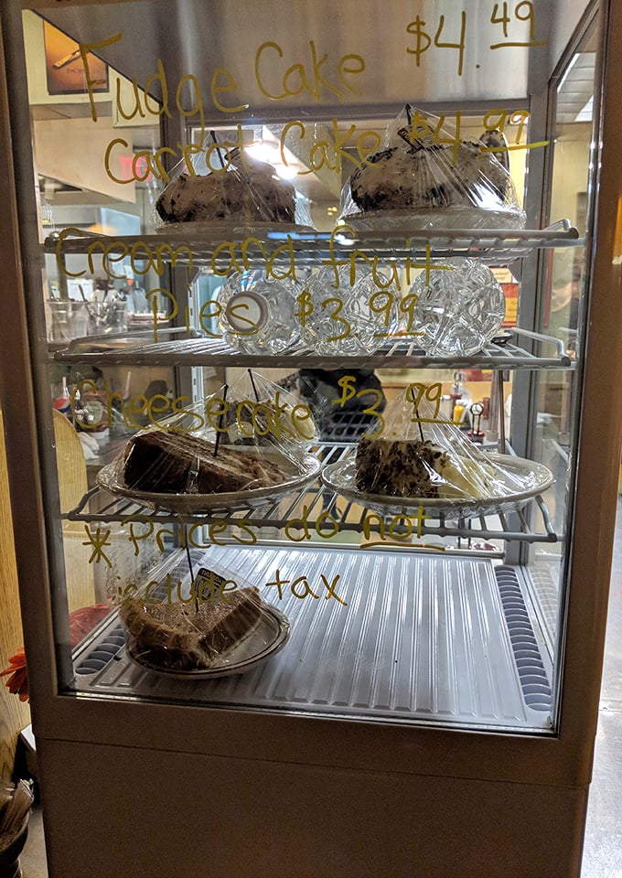 Homemade pies displayed like edible artwork tempt diners to save room for sweet endings.