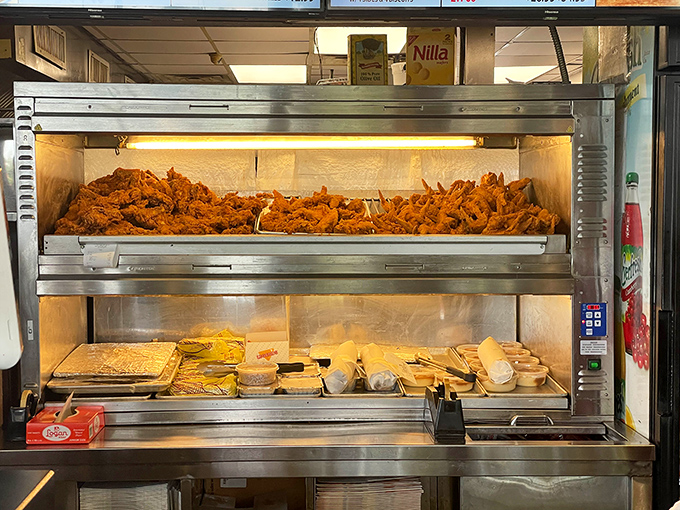 The warming station&mdash;where golden-fried treasures wait patiently for their moment to change someone's day for the better. 