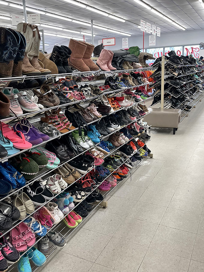 The shoe section: a footwear buffet where cowboy boots, sneakers, and everything in between find their perfect match in a new owner.