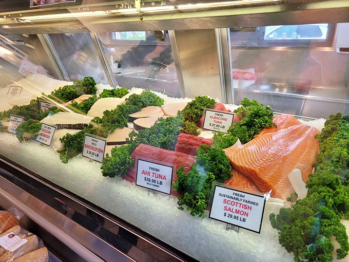 The fish market display showcases the day's fresh catch on beds of ice. From ocean to plate in record time.