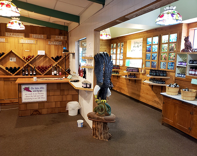 A berry lover's treasure trove where Oregon's finest fruits are transformed into take-home delights. Liquid ruby and garnet in bottles.