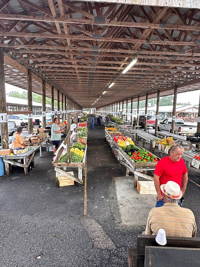 The produce section stretches toward the horizon, where farmers proudly display nature's bounty under rustic wooden beams.