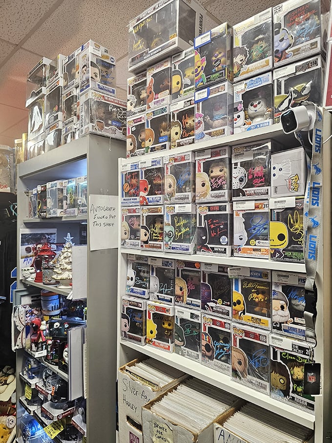 Pop culture immortalized in vinyl figurines, stacked like a shrine to fandom. Your favorite character is here, still in its original packaging.