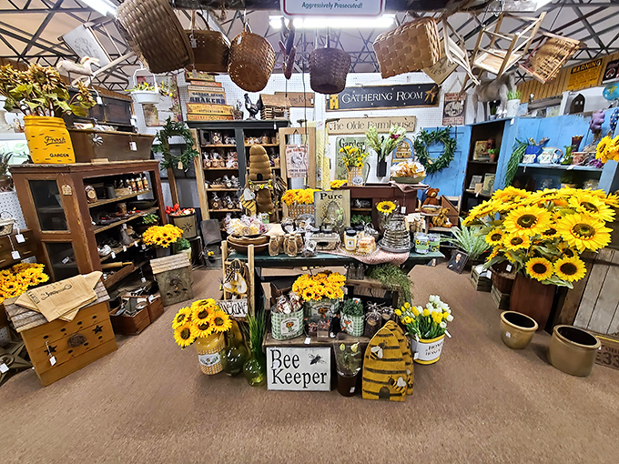 A sunflower-themed booth blooms with country charm. This "Bee Keeper" collection would transform any kitchen into a warm, honey-sweet haven.