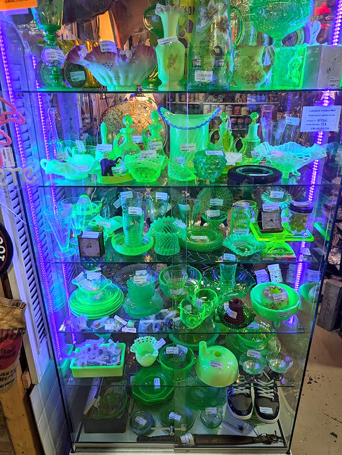 Uranium glass glows with otherworldly charm under special lighting. These Depression-era pieces offer both historical significance and alien-invasion vibes.