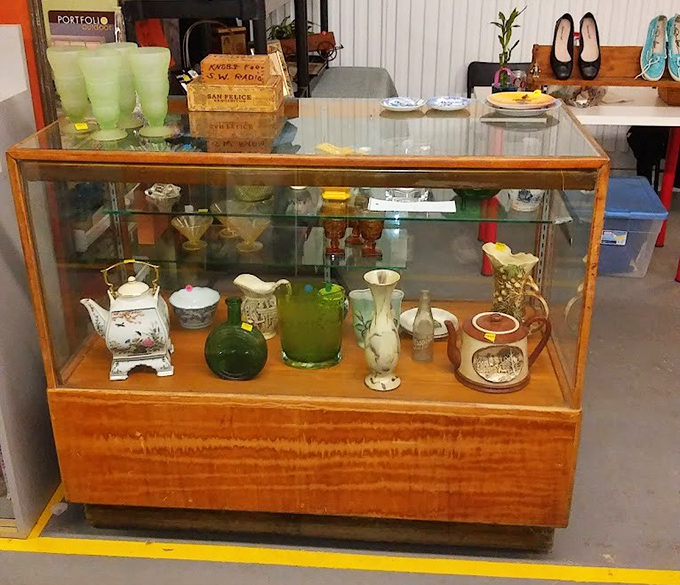 Vintage glassware and porcelain treasures displayed like museum pieces. Your grandmother would approve of these delicate finds.