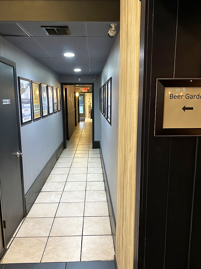 Even the hallway tells a story&mdash;follow the signs to beer garden bliss or dining room comfort, either way you've made the right choice.