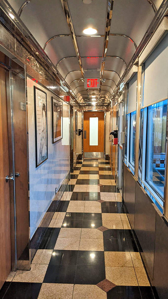 The hallway's checkered floor guides you like a runway to food paradise, with chrome accents that would make a '57 Chevy jealous.