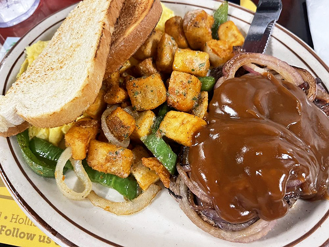 When breakfast goes formal! This hamburger steak with gravy is the morning equivalent of wearing a tuxedo to the beach &ndash; unexpectedly perfect.
