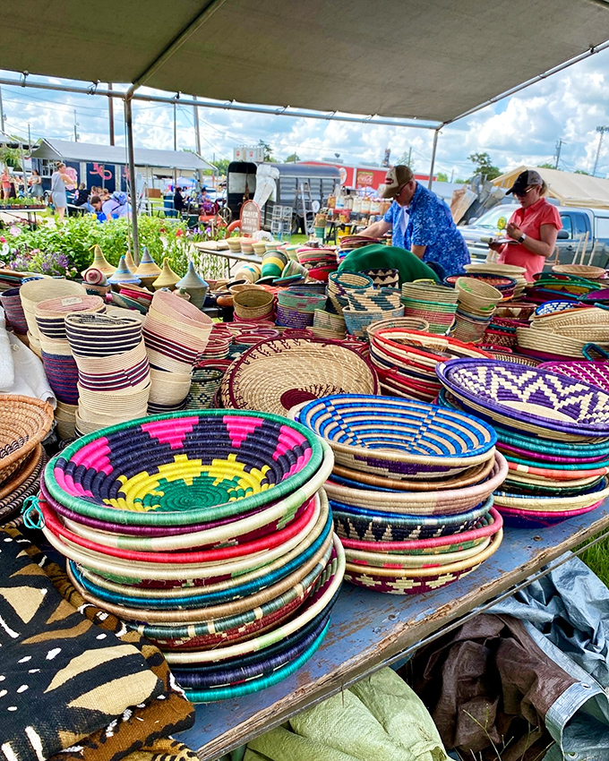 These vibrant handwoven baskets bring global artistry to Texas, each one telling a story through pattern and color.