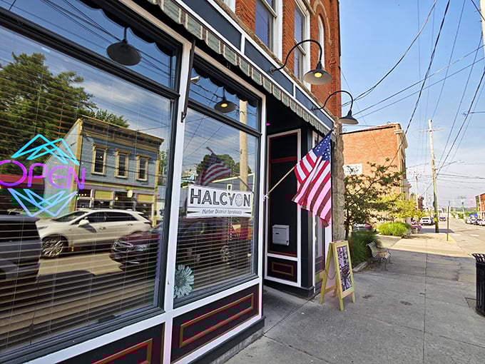 Halcyon's storefront promises peaceful shopping in downtown Ashtabula, where the American flag waves a friendly hello to passersby.