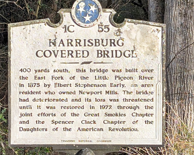 History etched in stone&mdash;or rather, metal. This historical marker reveals the bridge's 1875 origins and its 1972 rescue by preservation-minded Tennesseans. 