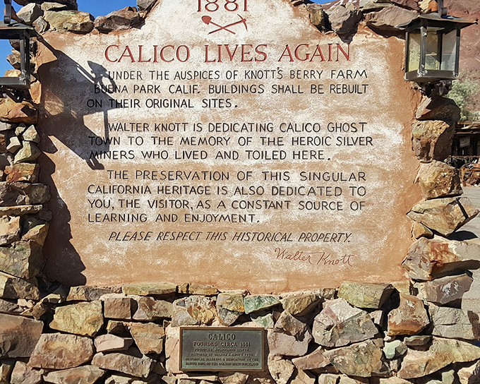 This historical marker reveals Calico's second life as a preserved heritage site. Even ghost towns deserve a comeback story worthy of Hollywood.