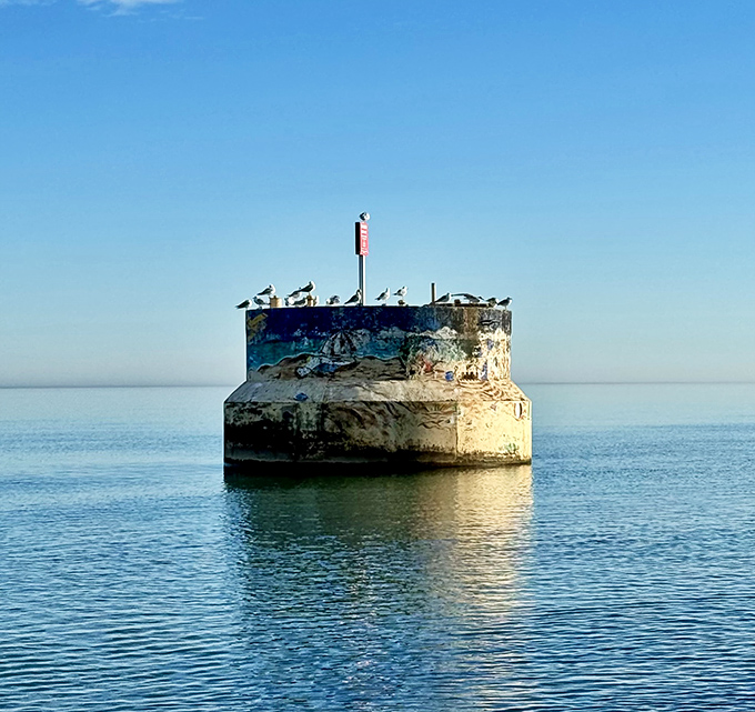 This concrete caisson stands like an ancient sentinel, collecting stories, seagulls, and the occasional artistic graffiti tribute.