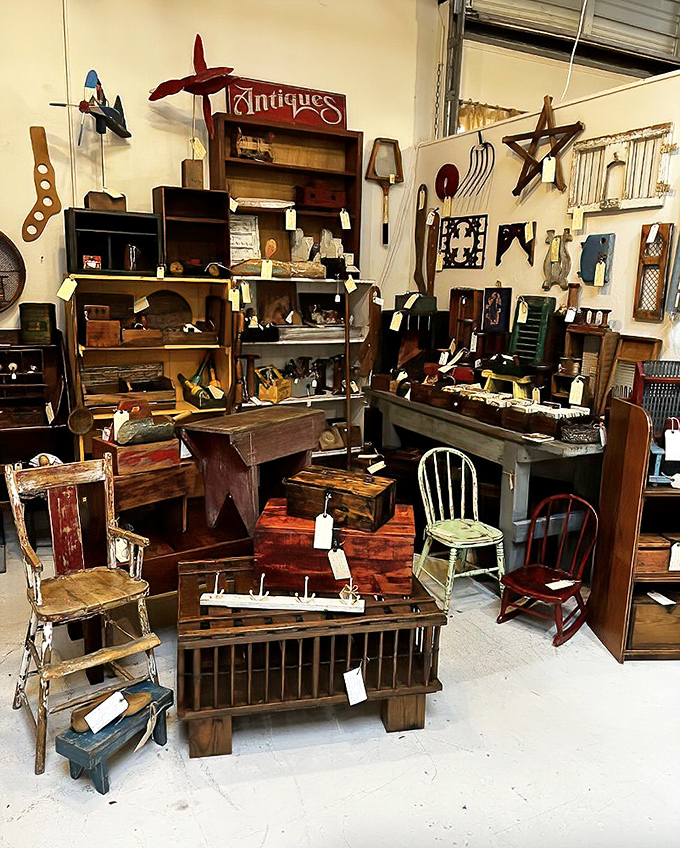 Rustic meets whimsical in this booth where weathered wooden furniture, vintage signs, and handcrafted items create a nostalgic Americana tableau.