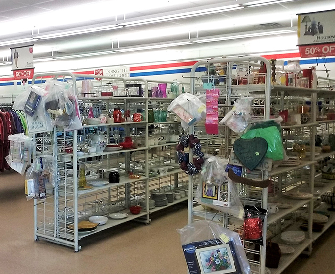 Housewares galore! Each shelf holds potential kitchen heroes and dining room stars just waiting to be discovered by eagle-eyed shoppers.