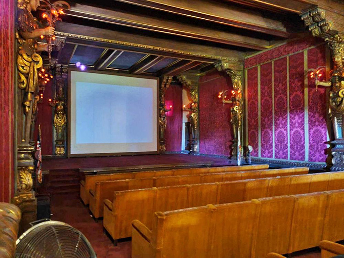 The private theater where Hollywood's elite watched themselves on screen. Those wooden pews look uncomfortable, but nobody dared complain when sitting in the presence of media royalty.