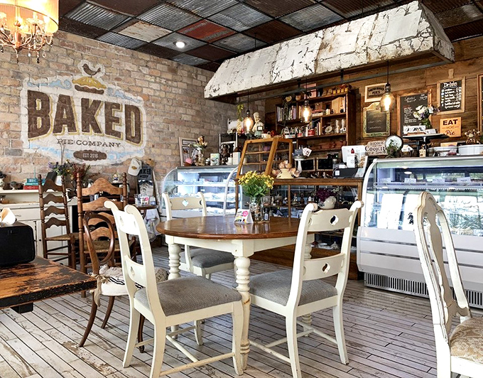 Exposed brick walls and farmhouse tables create the perfect backdrop for pie-based memories. It's rustic chic meets sweet tooth paradise.