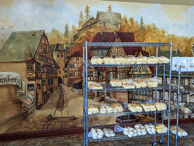 A German village mural watches over fresh-baked treasures. Old World tradition meets New World cravings in perfect harmony.