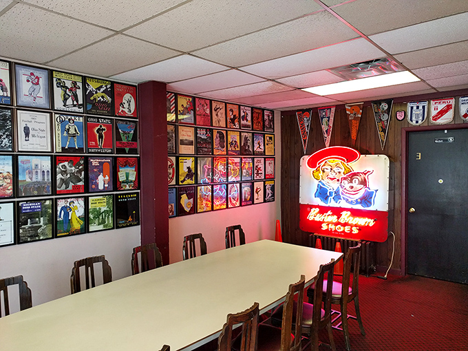 The dining room feels like a community scrapbook come to life, where every framed memory tells part of the Columbus story.