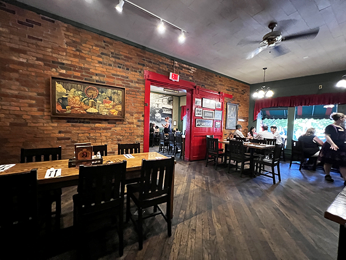 Red doors, wooden floors, and brick walls create that special "I've discovered somewhere authentic" feeling that makes food taste even better.