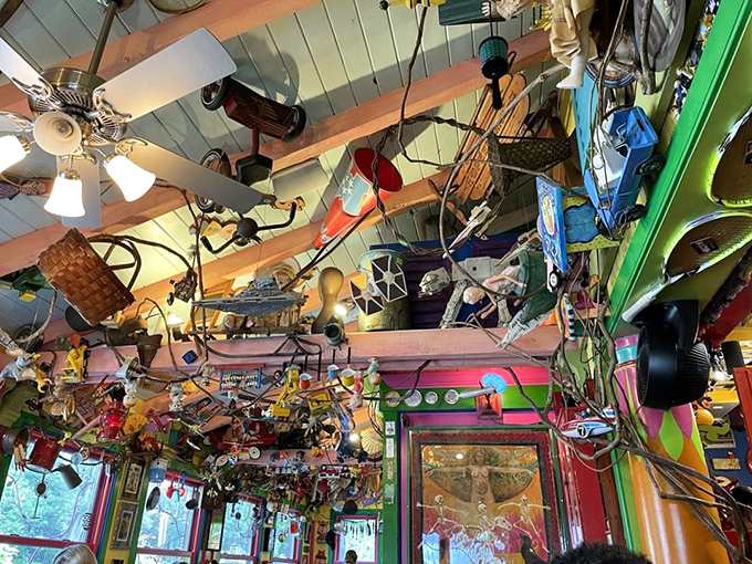 Looking up in PaperMoon is like discovering the Island of Misfit Toys opened a diner. Every ceiling inch tells another whimsical story.