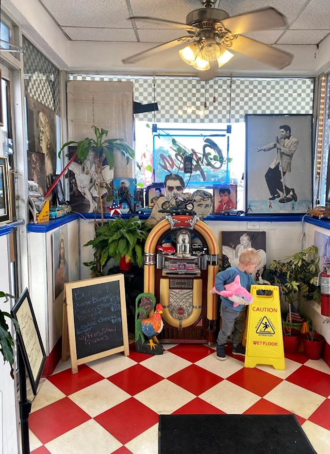 A working jukebox stands guard among vintage memorabilia, ready to provide the soundtrack to your comfort food adventure.