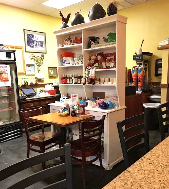 The shelves filled with knickknacks aren't just decoration; they're conversation starters for when your mouth isn't full of food.