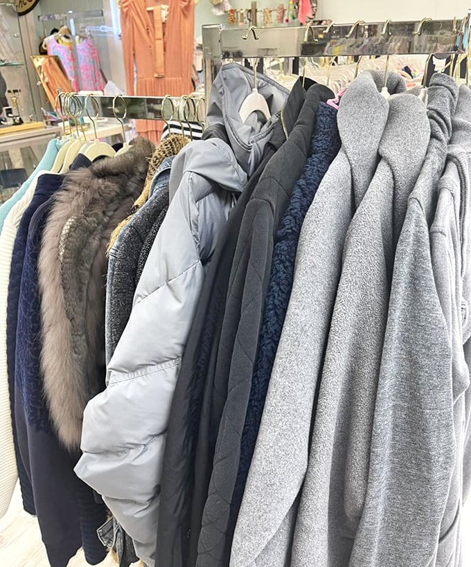 Coats and jackets hanging like a well-dressed army, ready to conquer any weather challenge ahead.