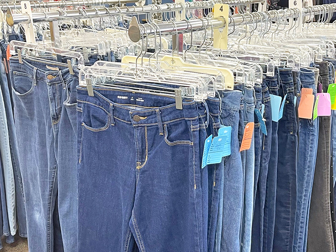 The denim section: where "breaking in new jeans" becomes someone else's contribution to your fashion journey.