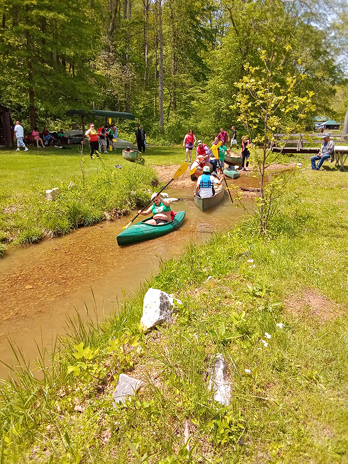 Paddle power! Kayakers navigate the gentle stream, proving that sometimes the best adventures happen at three miles per hour.
